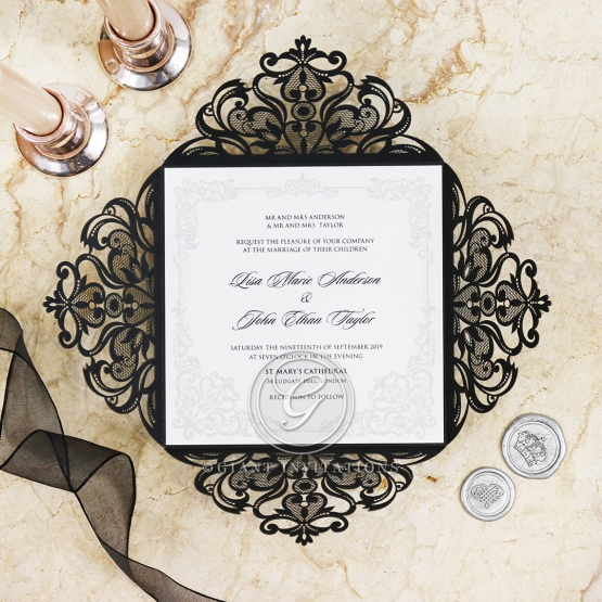 Black Damask Wedding Invitations Charcoal Damask Scroll Warm White